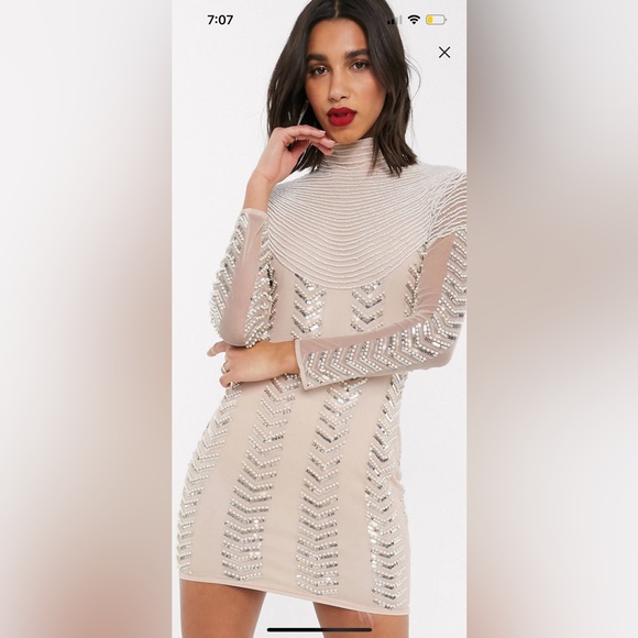 ASOS | Dresses | Asos Design Long Sleeve High Neck Pearl Embellished ...